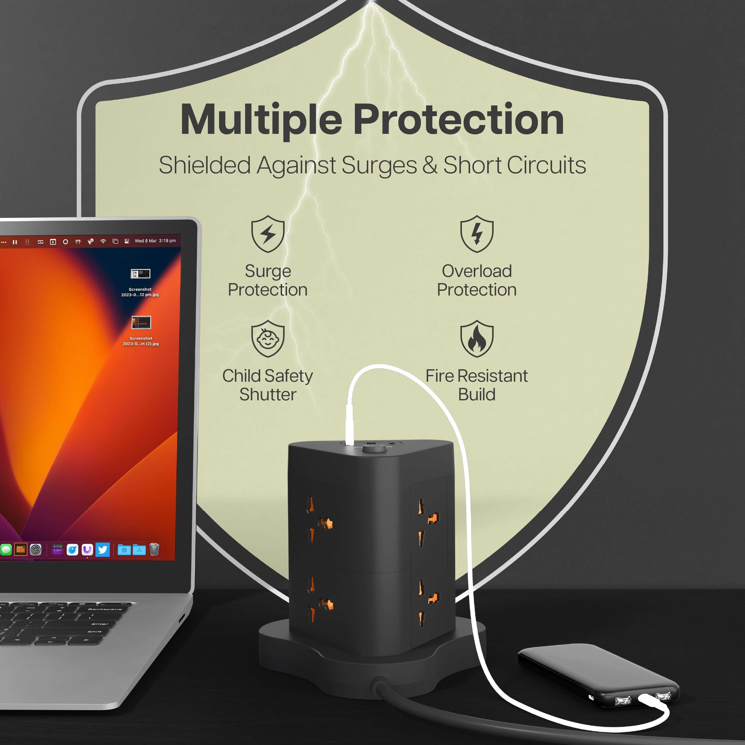 PowerSpan Fort with 6 Universal Socket & 2 USB 1 Type C Port (Black ...